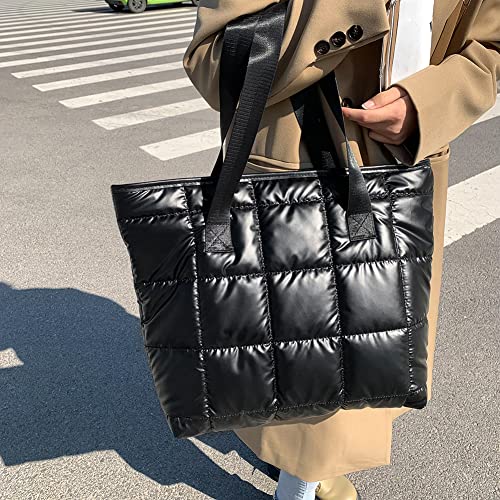 AZURAOKEY Puffer Tote Bag for Women, Women Nylon Shoulder Bag Design Space Padded Messenger Bag Solid Color Handbag