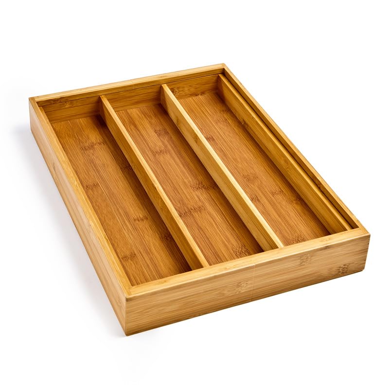 Seville Classics Bamboo Premium Organizer Storage Bins for Kitchen Silverware, Pantry, Closet, Office Desk, Pens, Utensils, Makeup, K Cup, Bamboo, Expandable Tray (5 Compartment)