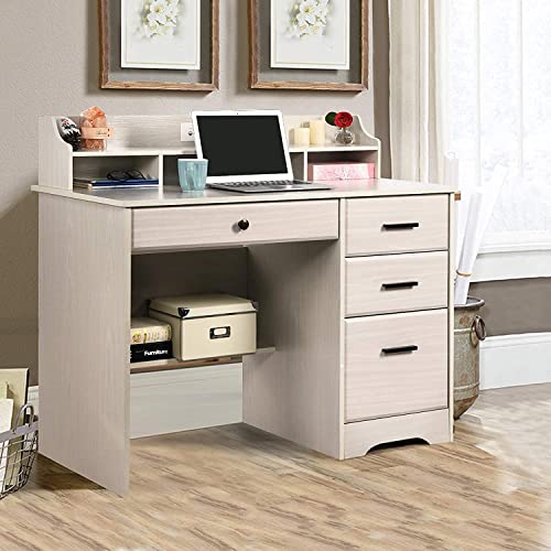 4 EVER WINNER Computer Desk with 4 Drawers and Hutch,Home Office Desk Study Writing Desk with File Drawers and Shelves, Wooden Executive Desk Computer Table Desk for Small Spaces (Off White)