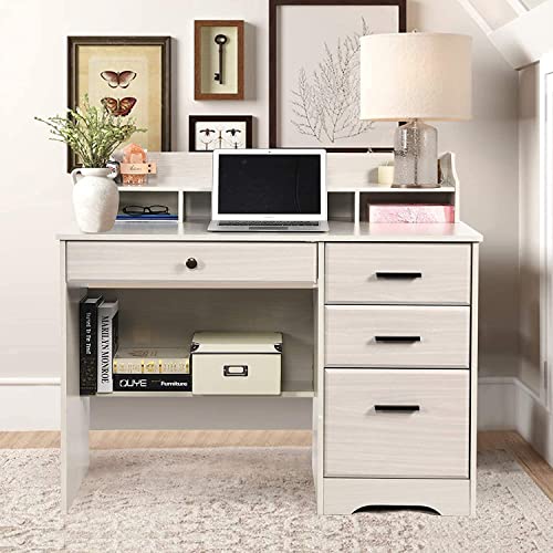 4 EVER WINNER Computer Desk with 4 Drawers and Hutch,Home Office Desk Study Writing Desk with File Drawers and Shelves, Wooden Executive Desk Computer Table Desk for Small Spaces (Off White)