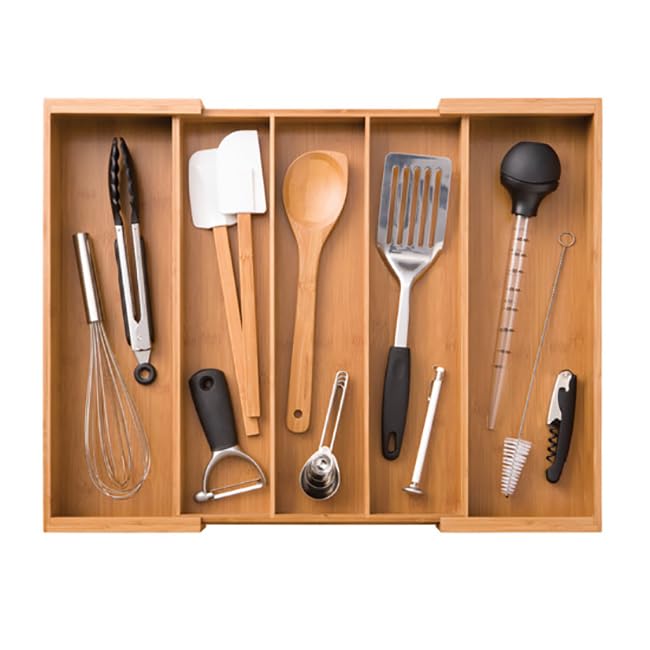Seville Classics Bamboo Premium Organizer Storage Bins for Kitchen Silverware, Pantry, Closet, Office Desk, Pens, Utensils, Makeup, K Cup, Bamboo, Expandable Tray (5 Compartment)