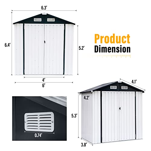 LAUSAINT HOME 6x4FT Outdoor Storage Shed, Large Waterproof Storage Tool Bike Sheds & Bulidings with Lockable Door for Backyard, Garden, Patio Lawn, Galvanized Steel, White