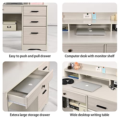 4 EVER WINNER Computer Desk with 4 Drawers and Hutch,Home Office Desk Study Writing Desk with File Drawers and Shelves, Wooden Executive Desk Computer Table Desk for Small Spaces (Off White)