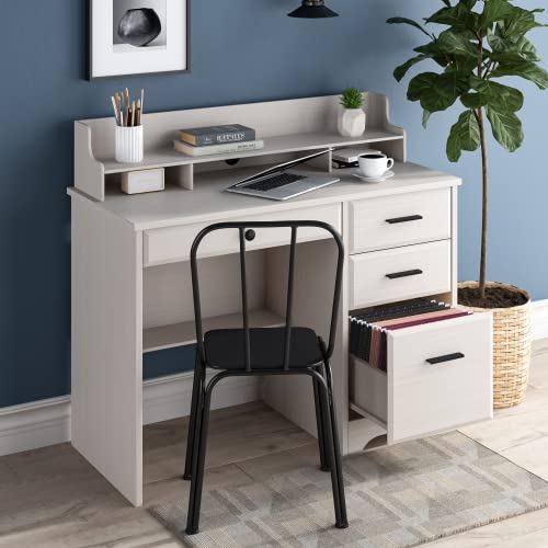 4 EVER WINNER Computer Desk with 4 Drawers and Hutch,Home Office Desk Study Writing Desk with File Drawers and Shelves, Wooden Executive Desk Computer Table Desk for Small Spaces (Off White)