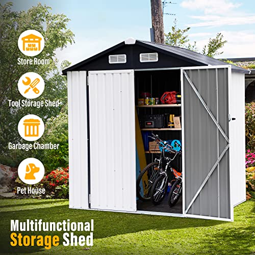 LAUSAINT HOME 6x4FT Outdoor Storage Shed, Large Waterproof Storage Tool Bike Sheds & Bulidings with Lockable Door for Backyard, Garden, Patio Lawn, Galvanized Steel, White