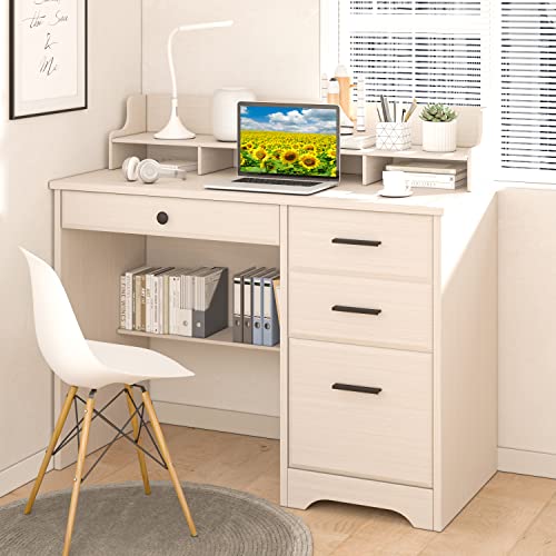 4 EVER WINNER Computer Desk with 4 Drawers and Hutch,Home Office Desk Study Writing Desk with File Drawers and Shelves, Wooden Executive Desk Computer Table Desk for Small Spaces (Off White)