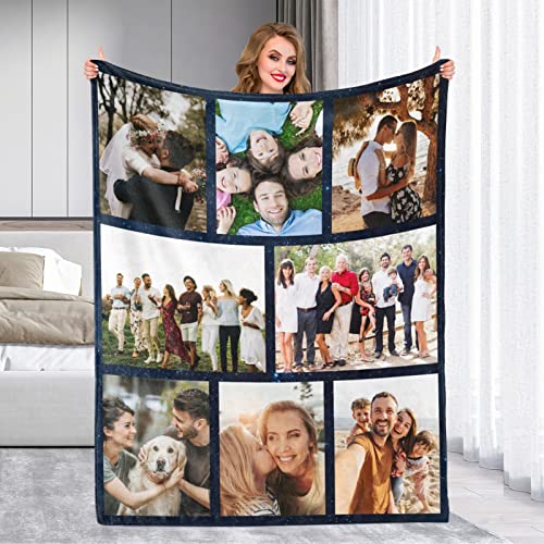 Rsskeoo Custom Blanket with Photo Text Collage Personalized Throw Blankets Customized Flannel Fleece Blankets for Family Birthday Halloween Christmas Wedding Anniversary Personalized Gift