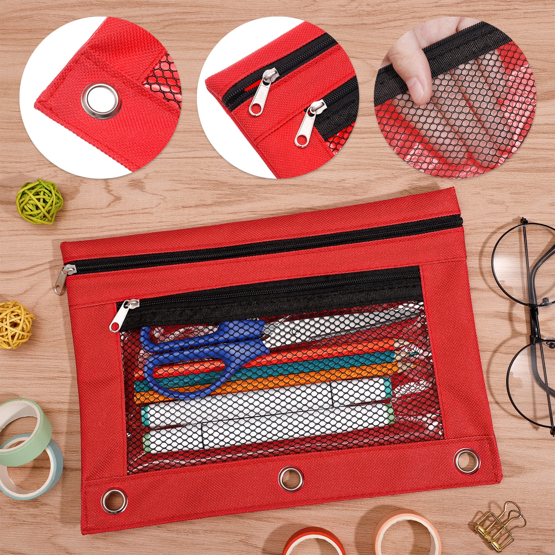 Antner Binder Pencil Pouch for 3 Ring Binder, 2 Pack 3 Ring Binder Pencil Pouches Double Zipper Pencil Case Cosmetic Bag, Red