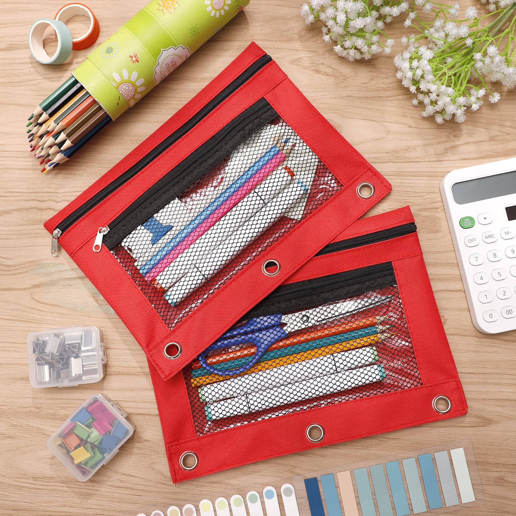 Antner Binder Pencil Pouch for 3 Ring Binder, 2 Pack 3 Ring Binder Pencil Pouches Double Zipper Pencil Case Cosmetic Bag, Red