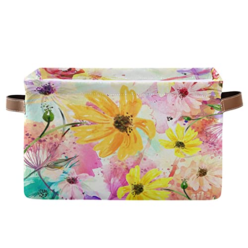 Kigai Colorful Flowers Storage Basket with Handles Collapsible Storage Bins Canvas Fabric Storage Organizer for Shelves Closet Bedroom Living Room 2Pack