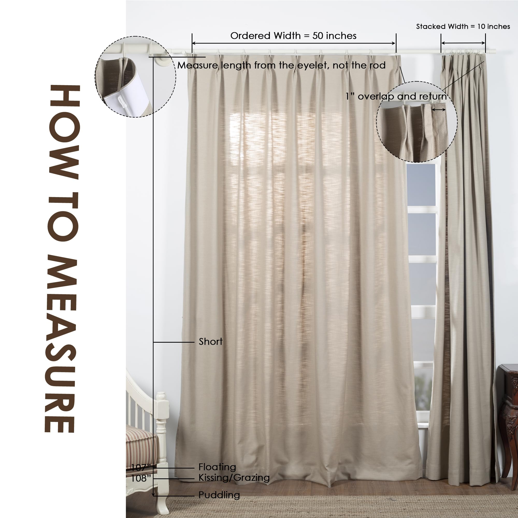 TWOPAGES Double Layer Lined Pinch Pleated Curtain Sand Beige Linen Blend Light Filtering Room Darkening Curtain for Kitchen, Window Treatment Curtain Panel (1 Panel, W26 x L90)