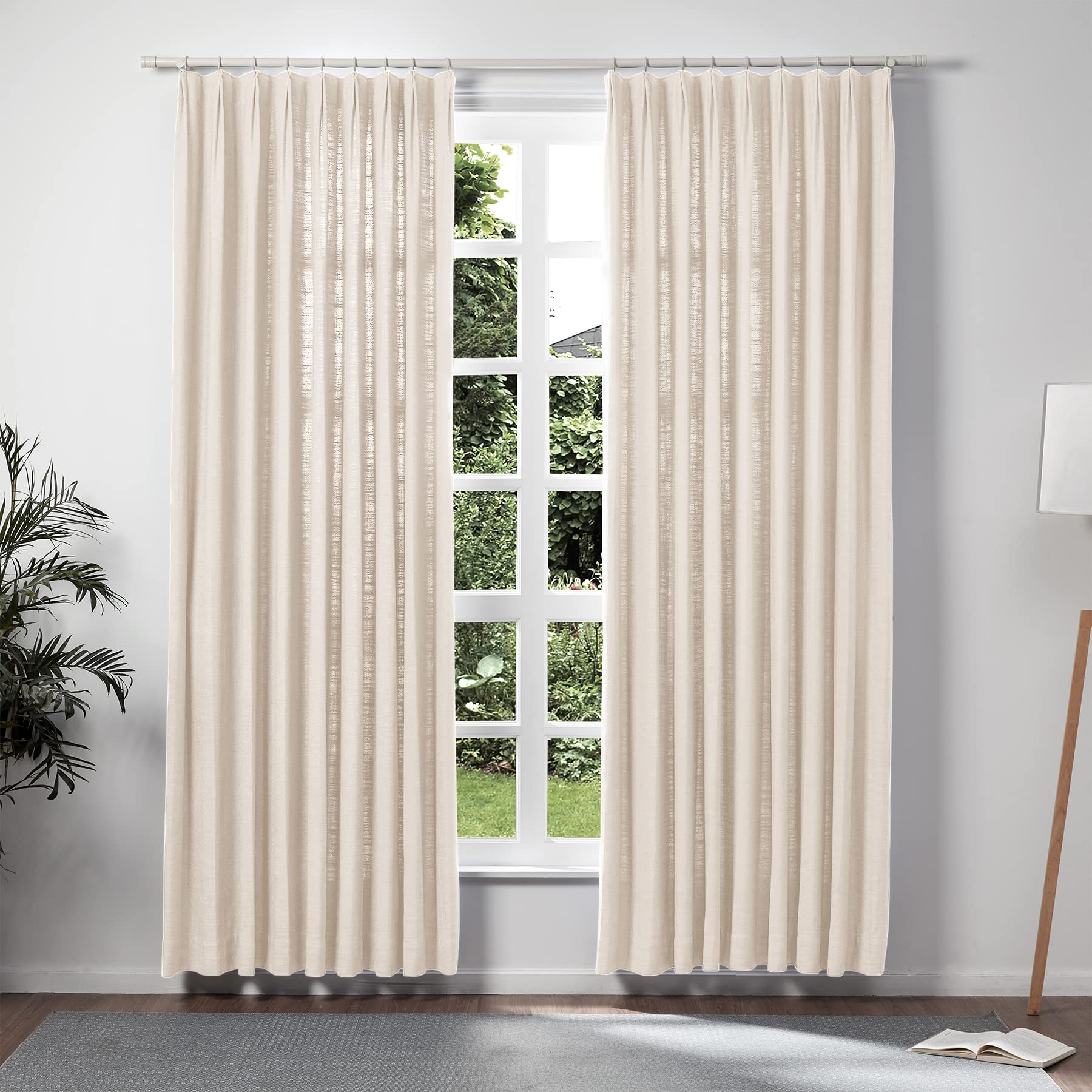 TWOPAGES Double Layer Lined Pinch Pleated Curtain Sand Beige Linen Blend Light Filtering Room Darkening Curtain for Kitchen, Window Treatment Curtain Panel (1 Panel, W26 x L90)