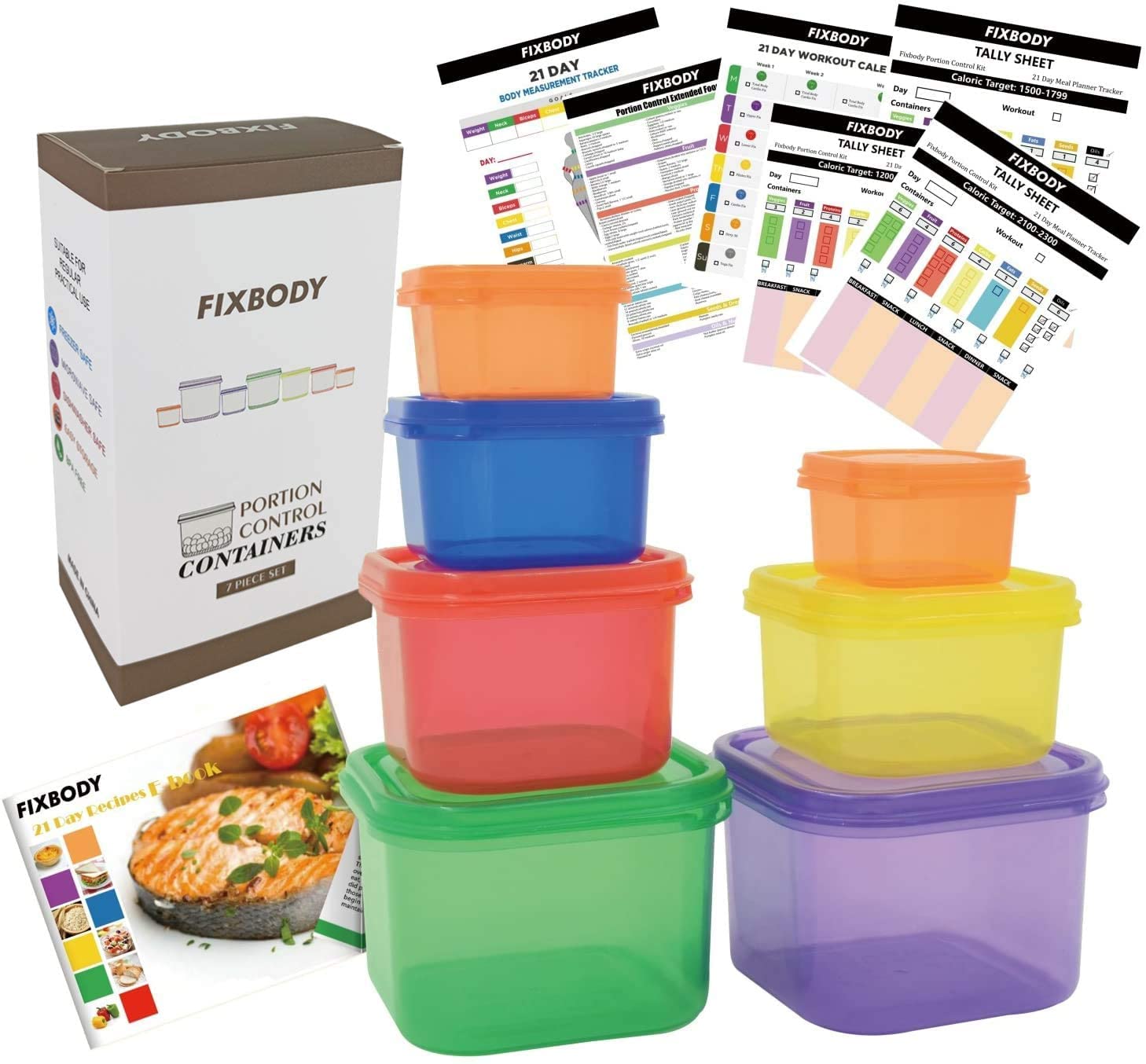 FIXBODY 7PCS Portion Control Containers, Color-Coded Labeled, 21 Day Lose Weight System (Use Guide, 21 Day Tracker and Recipe Ebook Include)
