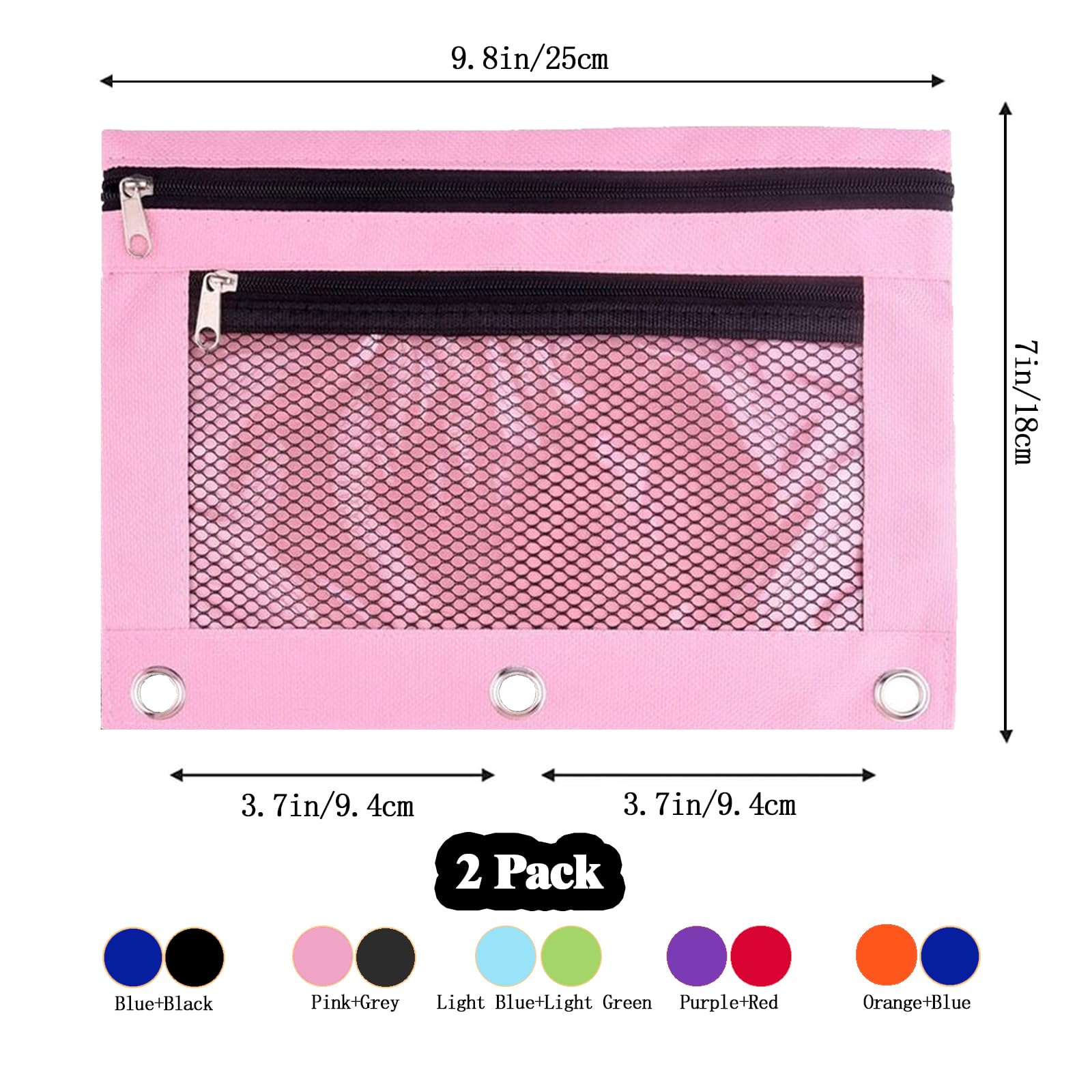 SORDIM 3 Ring Binder Pencil Pouch, 2 Pack Pencil Pouches with Zipper-Pencil Case with Double Pocket and Mesh Window (pink and grey)