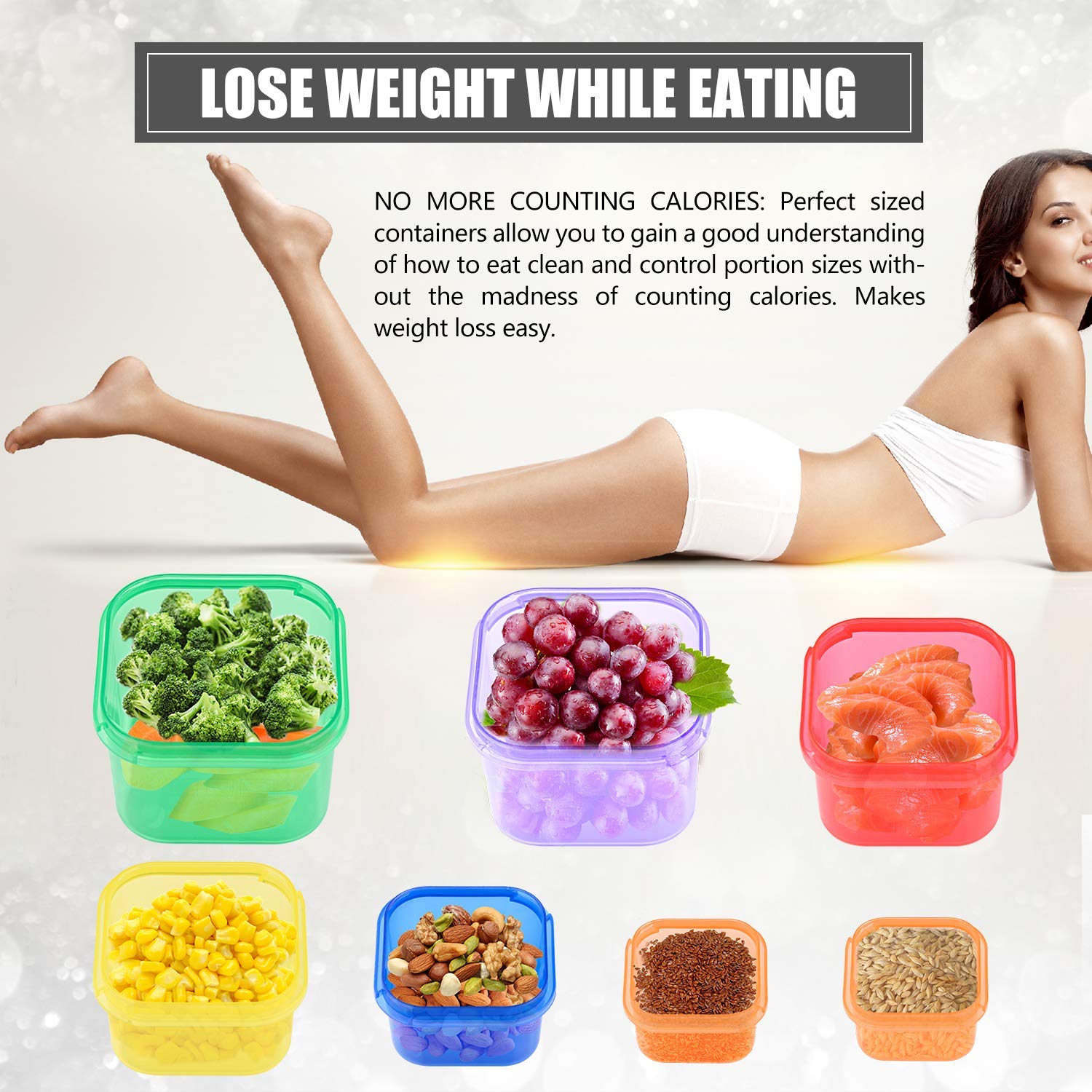 FIXBODY 7PCS Portion Control Containers, Color-Coded Labeled, 21 Day Lose Weight System (Use Guide, 21 Day Tracker and Recipe Ebook Include)