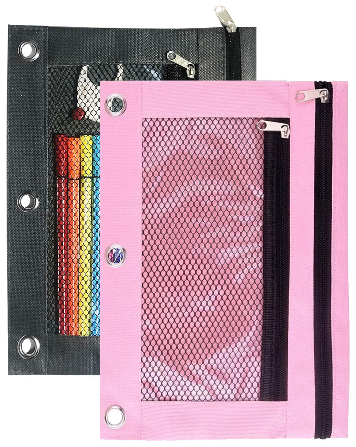 SORDIM 3 Ring Binder Pencil Pouch, 2 Pack Pencil Pouches with Zipper-Pencil Case with Double Pocket and Mesh Window (pink and grey)