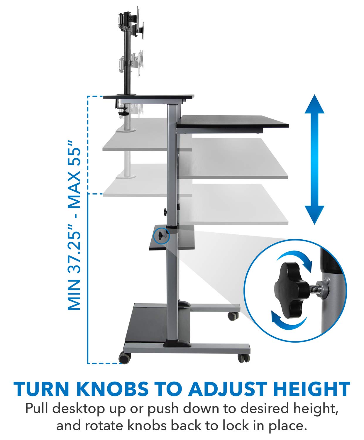Mount-It! Mobile Standing Desk with Dual Monitor Mount - 40 Inch Wide Height Adjustable Rolling Computer Workstation with Four Wheels,