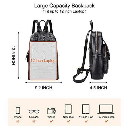 PIJUSHI Womens Genuine Leather Backpack Purse for Women Crocodile Leather Backpack (66512 Black Croco)