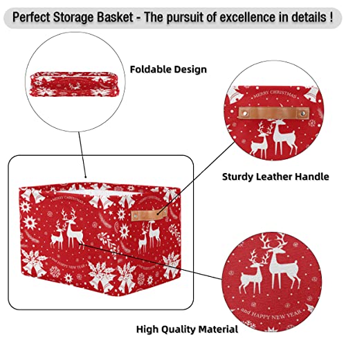 Cute Christmas Decor Storage Basket Bins Cubes Organizer Xmas Red and White Deer Foldable Storage Box with Leather Handles Collapsible Closet Storage Bins for Shelves Kids Toys Closets Nursery Bedroom