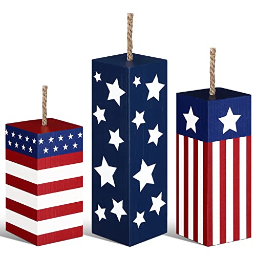 3 Pcs 4th of July Tiered Tray Decor Wooden Firework Sign Rustic Patriotic Fireworks Centerpiece Wood Memorial Day Decorations for Farmhouse Independence Day Home Table Decor (Rectangular)
