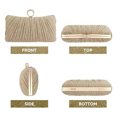 YYW Evening Handbag Women Gold Glitter Clutch Purse Pleated Wedding Clutch for Bridal Wedding Party (Gold)