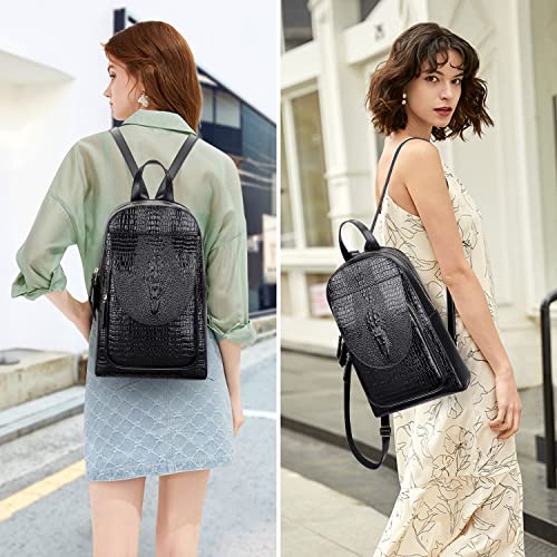 PIJUSHI Womens Genuine Leather Backpack Purse for Women Crocodile Leather Backpack (66512 Black Croco)