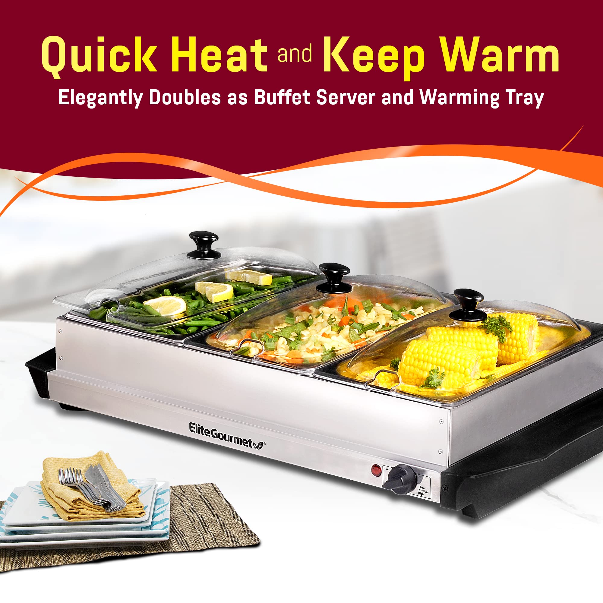 Elite Gourmet EWM-6171 7.5 Quart Triple Buffet Server Food Warmer Temperature Control, Clear Slotted Lids, Perfect for Parties, Entertaining & Holidays, 3 x 2.5Qt