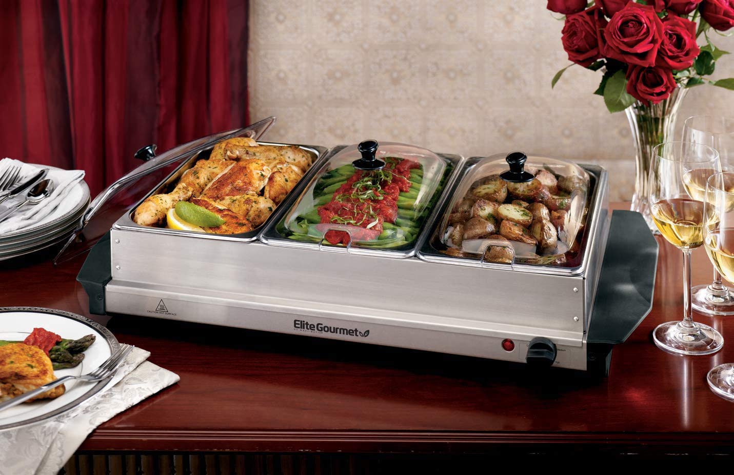 Elite Gourmet EWM-6171 7.5 Quart Triple Buffet Server Food Warmer Temperature Control, Clear Slotted Lids, Perfect for Parties, Entertaining & Holidays, 3 x 2.5Qt