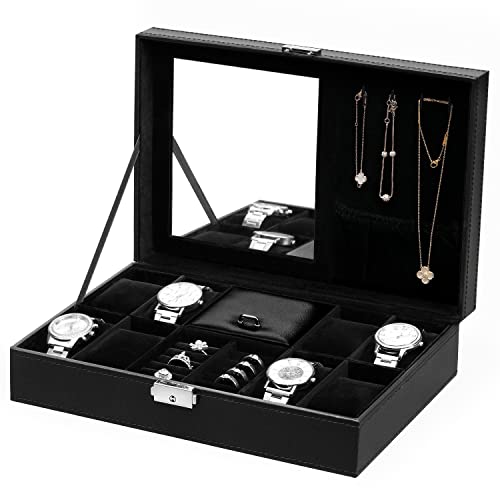 BASTUO Jewelry Box 8 Watch Display Case Organizer Jewelry Trey Storage Box PU Leather with Mirror and Lock， Black with Black Lining