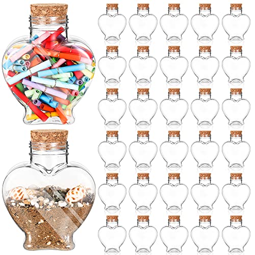 Yinkin 30 Pcs 5.5 oz Heart Shape Plastic Jar with Cork Lids Small Heart Clear Plastic Wish Bottles for Valentine's Day Anniversary Birthday Wedding DIY Decoration