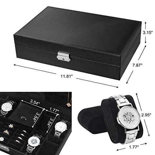 BASTUO Jewelry Box 8 Watch Display Case Organizer Jewelry Trey Storage Box PU Leather with Mirror and Lock， Black with Black Lining