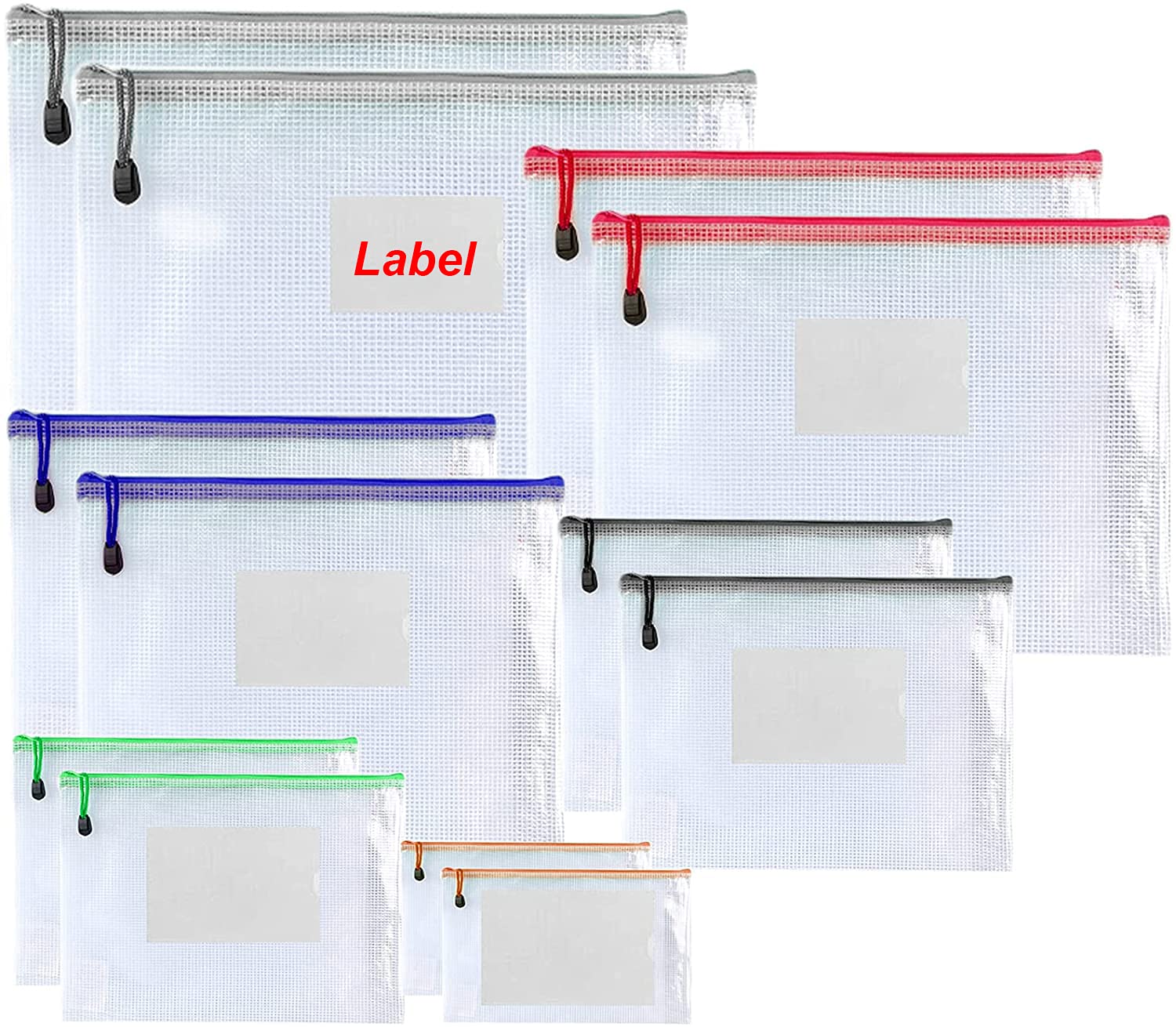 Oaimyy(6 Sizes,12 Pack) Plastic Mesh Zipper Pouch Document Folders Bag & Zipper-Zip File Folders for Office Supplies, Travel,Puzzles Games Organizing Storage (Multicolor)