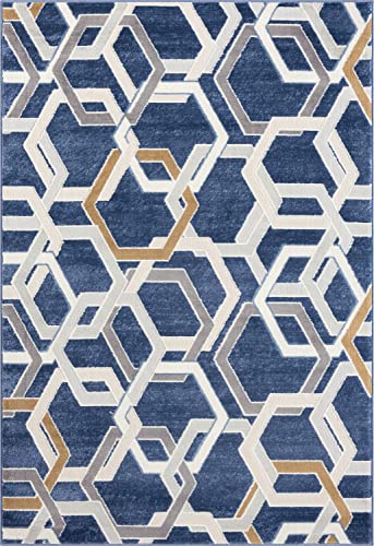 Abani Atlas 4'x6' Blue/Grey Area Rug, Hexagon Design - Durable Non-Shedding - Easy to Clean