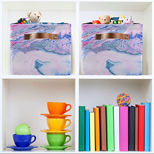Purple Blue Marble Splash Square Storage Basket Storage Bins Canvas Storage Organizer Closet Shelf Organizer for Home Office, 2 Pc