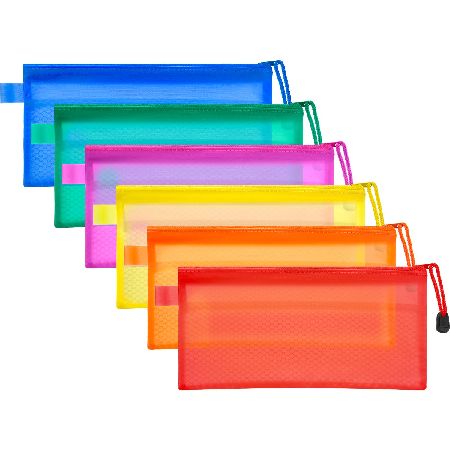 Bememo 12 Pieces 6 Colors Pencil Pouch Zipper File Bags Waterproof Plastic Double Layer for Pen Bag Cosmetics Supplies Travel Accessories