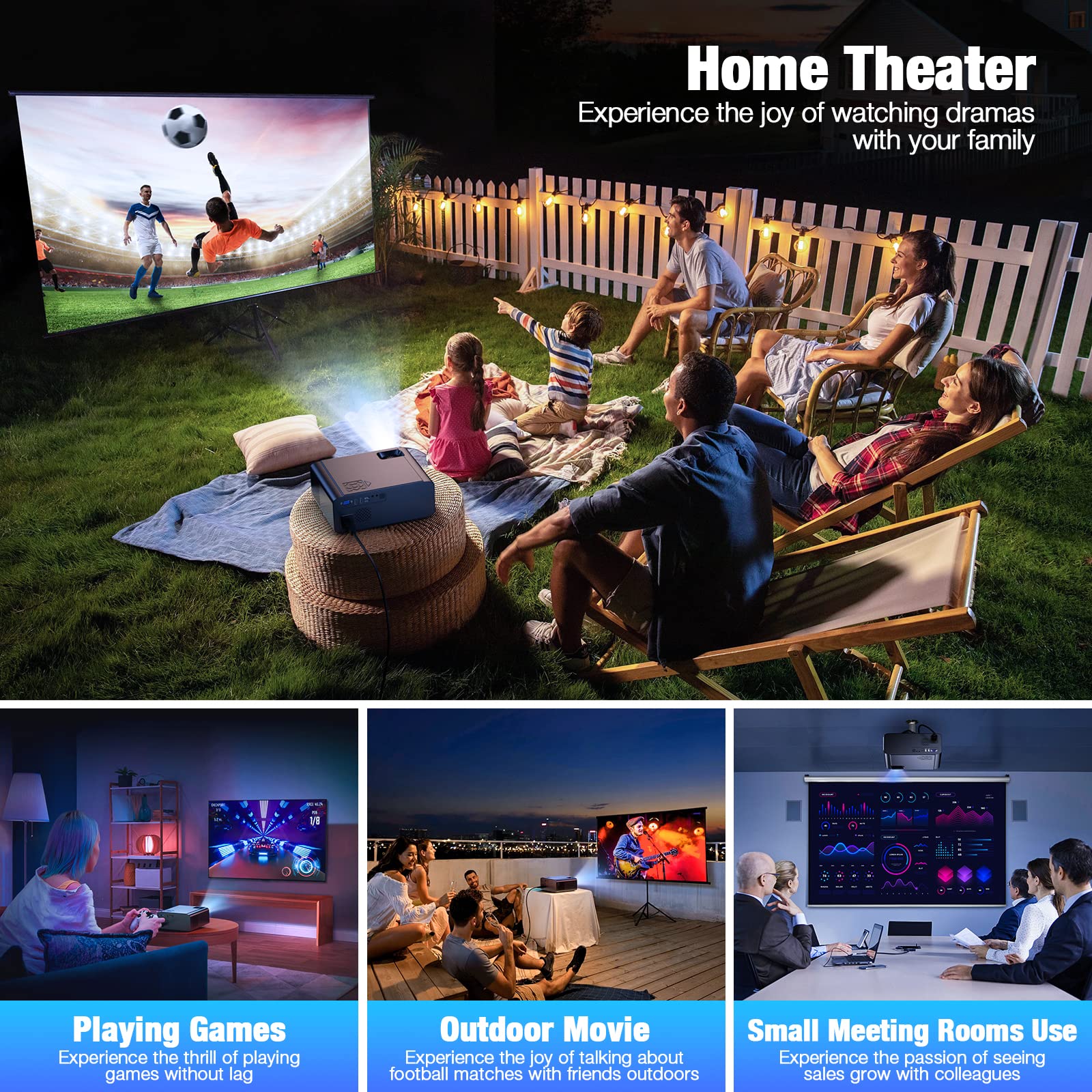 5G WiFi Bluetooth 4K Projector, Autofocus 450 ANSI Lumen Full HD Native 1080P Projector, Outdoor Projector Auto 6D Keystone, 50% Zoom, 300” Display Movie Projector for Home Theater