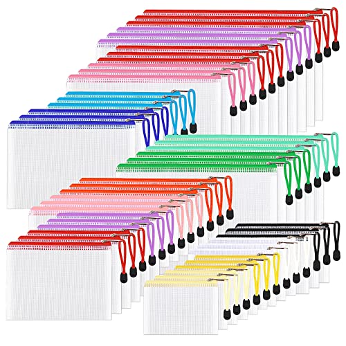 Janisfirst 48pcs Mesh Zipper Pouch, 8 Sizes Waterproof Zipper File Bags, 16 Colors,Multipurpose for Travel Storage, School Supplies, Office Appliances and Home Organizing,Multicolored