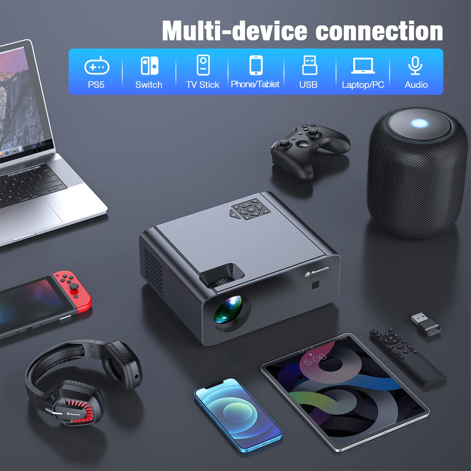 5G WiFi Bluetooth 4K Projector, Autofocus 450 ANSI Lumen Full HD Native 1080P Projector, Outdoor Projector Auto 6D Keystone, 50% Zoom, 300” Display Movie Projector for Home Theater