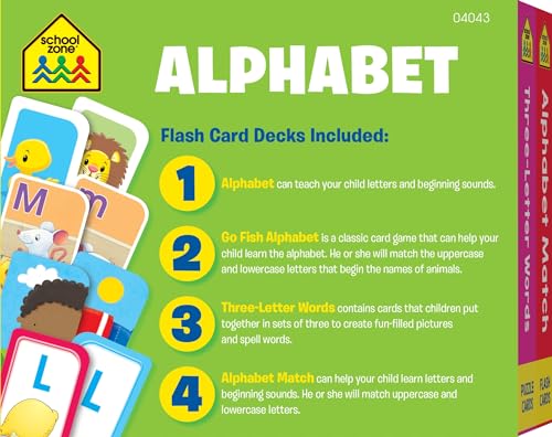 School Zone - Alphabet 4-Pack Flash Cards - Ages 3+, Preschool, Kindergarten, Go Fish Alphabet, Three-Letter Words, Alphabet Match, Lowercase & Uppercase Letters, Letter-Picture Recognition, and More