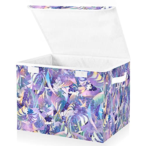 Kigai Storage Basket Butterfly Purple Storage Boxes with Lids and Handle, Large Storage Cube Bin Collapsible for Shelves Closet Bedroom Living Room, 16.5x12.6x11.8 In