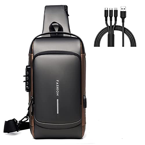 LELEBEAR Anti Theft Sling Bag, Usb Charging Sport Sling Anti-theft Shoulder Bag Waterproof Chest Bag (grey-brown)
