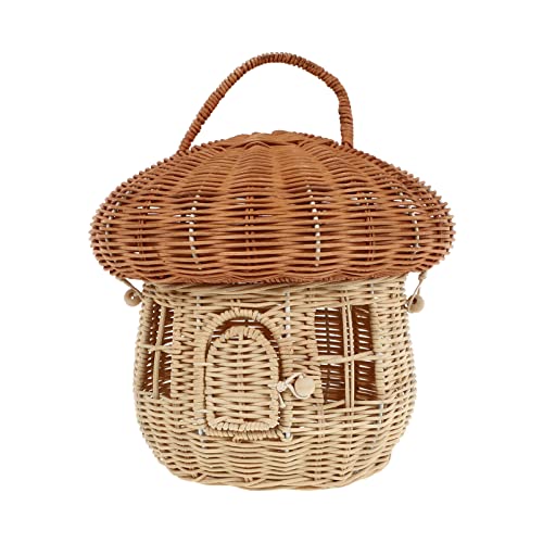FOMIYES Photo Gift Rattan Hand Woven Storage Basket, Mushroom Shape Storage Basket with Lid, Decorative Woven Basket for Home Shelf Kids Room Girl Toys