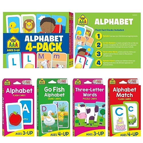 School Zone - Alphabet 4-Pack Flash Cards - Ages 3+, Preschool, Kindergarten, Go Fish Alphabet, Three-Letter Words, Alphabet Match, Lowercase & Uppercase Letters, Letter-Picture Recognition, and More