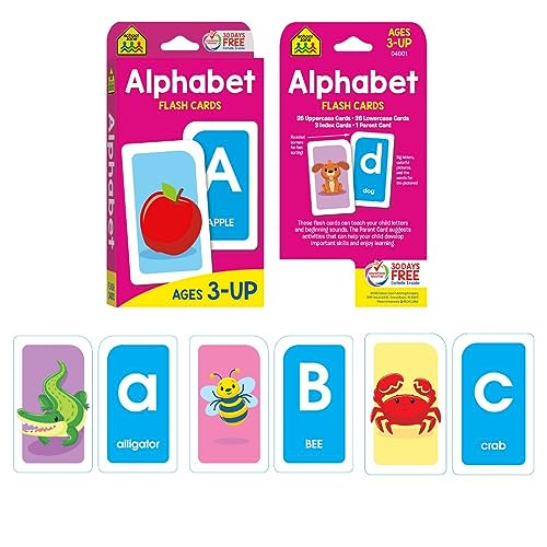 School Zone - Alphabet 4-Pack Flash Cards - Ages 3+, Preschool, Kindergarten, Go Fish Alphabet, Three-Letter Words, Alphabet Match, Lowercase & Uppercase Letters, Letter-Picture Recognition, and More