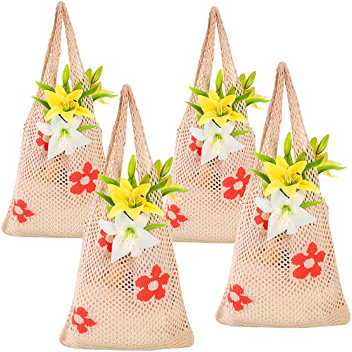 4 Pcs Crochet Tote Bag Y2K Aesthetic Tote Bag Fairy Grunge Tote Bag Fairycore Knitted Cute Beach Shoulder Bag for Women Girls (Flower)