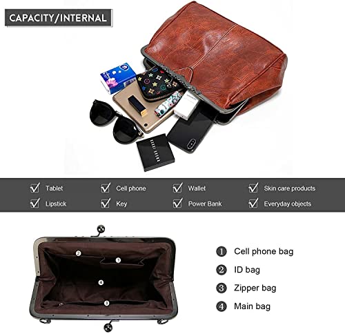Women Leather Kiss Lock Handbag Shoulder Bag Vintage Satchel Clutch Tote Purses