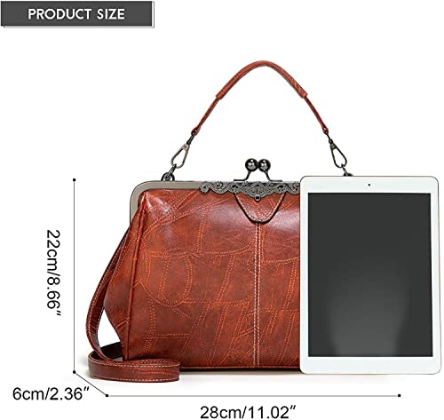 Women Leather Kiss Lock Handbag Shoulder Bag Vintage Satchel Clutch Tote Purses