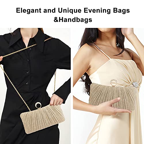 Womens Golden Evening Clutch Purse Glitter Handbag Pleated Evening Bag for Bridal Wedding Party (Gold)