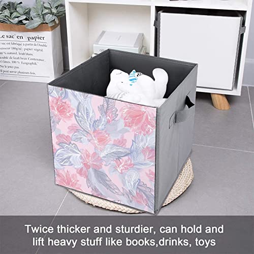 DamTma Romantic Feathers Collapsible Storage Cubes Red Grey Pink Pattern 10.6 Inch Fabric Storage Bins Storage Cubes with Handles Basket Storage Organizer for Clothes Pet Toys