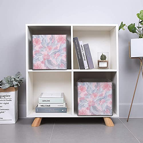 DamTma Romantic Feathers Collapsible Storage Cubes Red Grey Pink Pattern 10.6 Inch Fabric Storage Bins Storage Cubes with Handles Basket Storage Organizer for Clothes Pet Toys